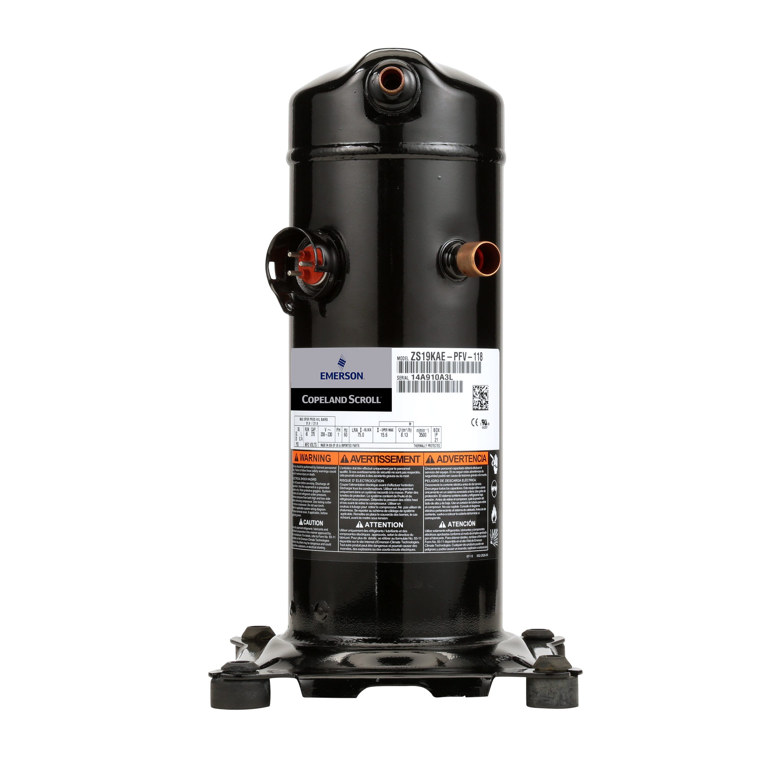 Copeland Refrigeration ZS15KAE-PFV-818 – 1 PH R22, 15600 BTU Compressor ...